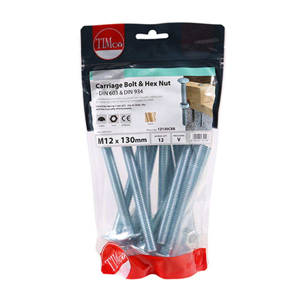 Timco Carriage Bolt & Hex Nut BZP 12.0x130 (12) Coach Bolt M12 x 130mm Product