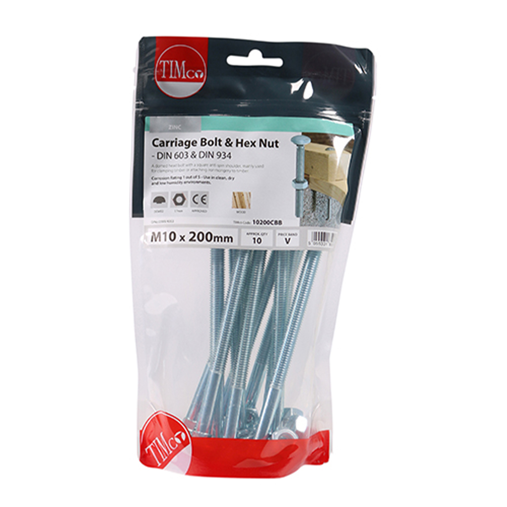 Timco Carriage Bolt & Hex Nut BZP 10.0x200 (10) Coach Bolt M10 x 200mm Product