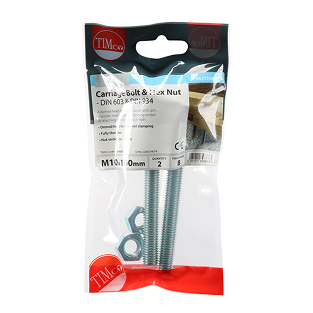 Timco Carriage Bolt & Hex Nut BZP 10x100 (2) Coach Bolt M10 x 100mm Product