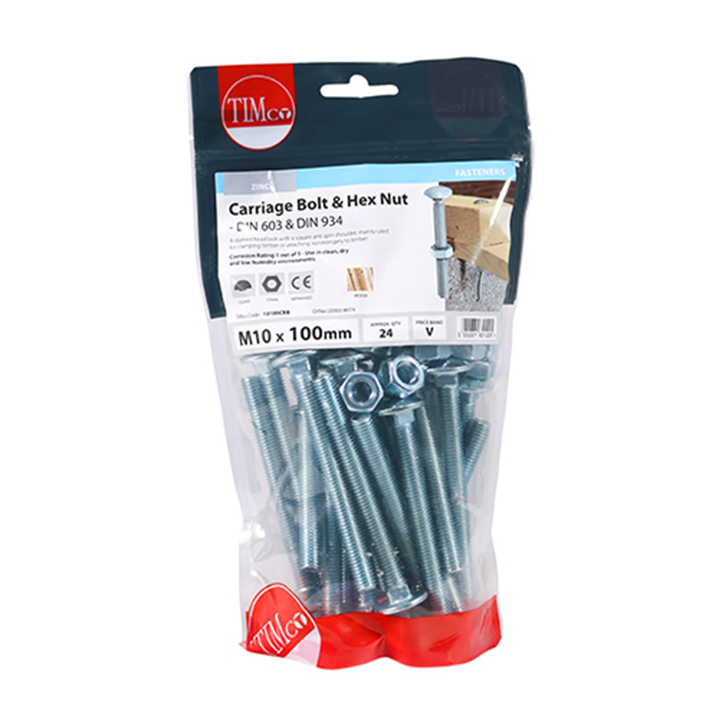 Timco Carriage Bolt & Hex Nut BZP 10x100 (24) Coach Bolt M10 x 100mm Product